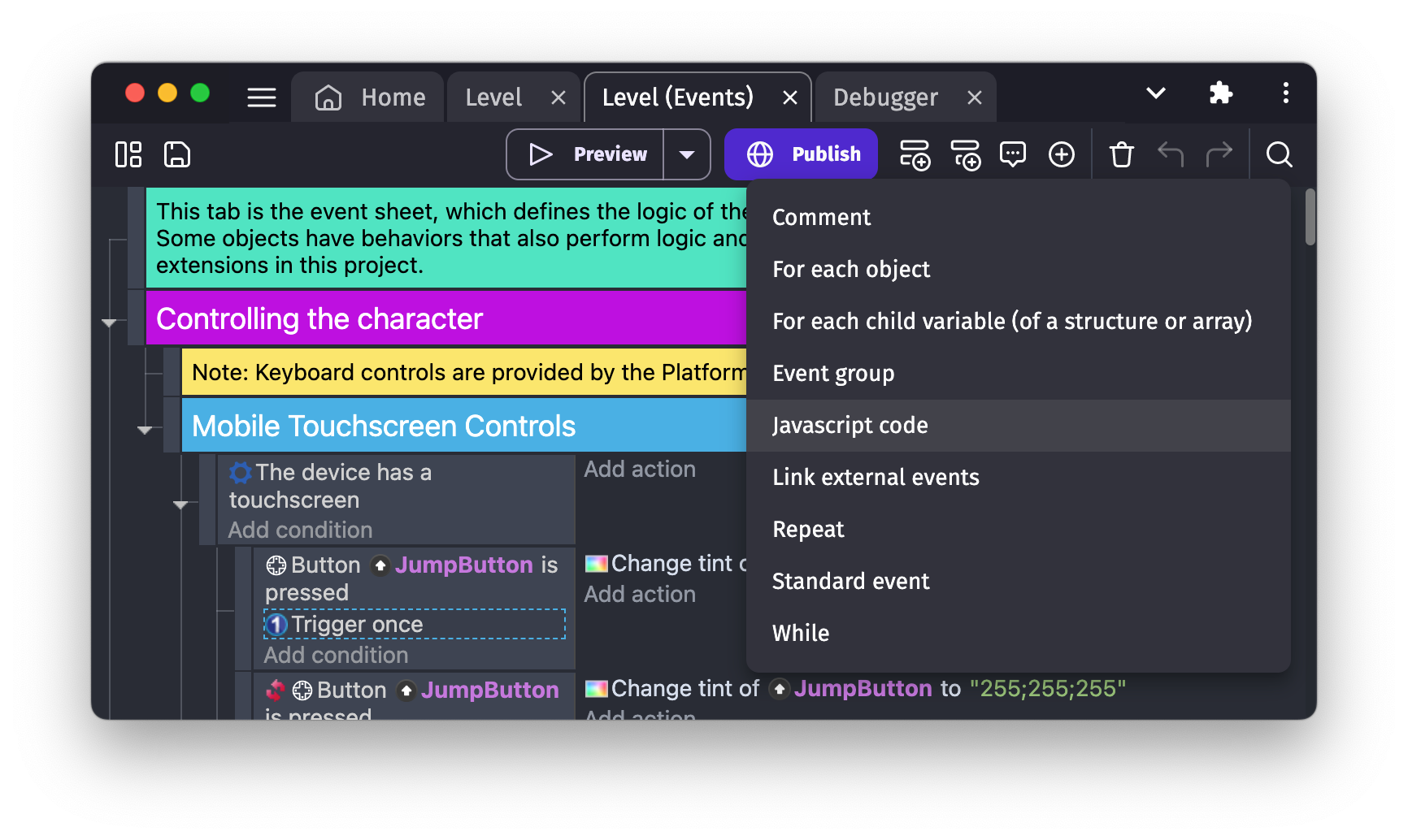 JavaScript Code Events GDevelop Documentation